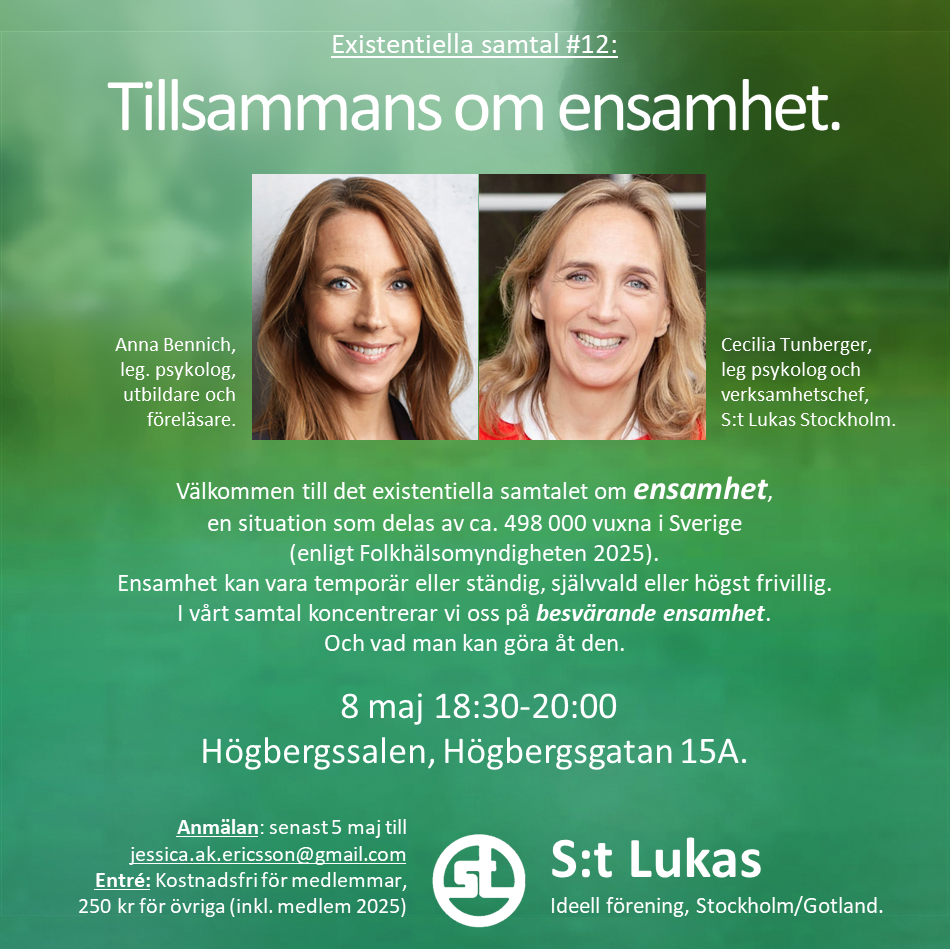 Samtal om Ensamhet med författaren och leg.psykolog Anna Bennich den 8e ...